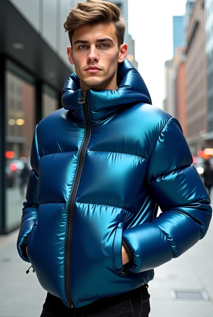 with the shiny short down jacket - SeaArt AI