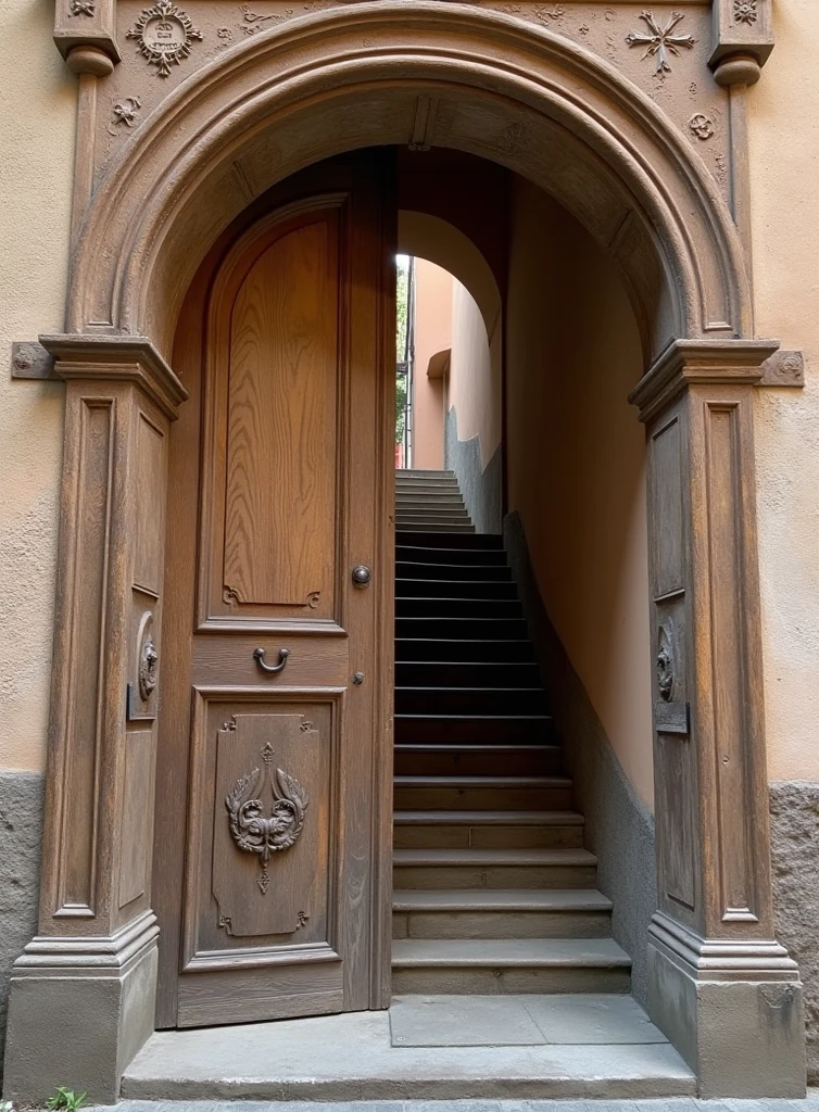 Old large wooden entrance door made of oak. Carved, worn. old walls ...