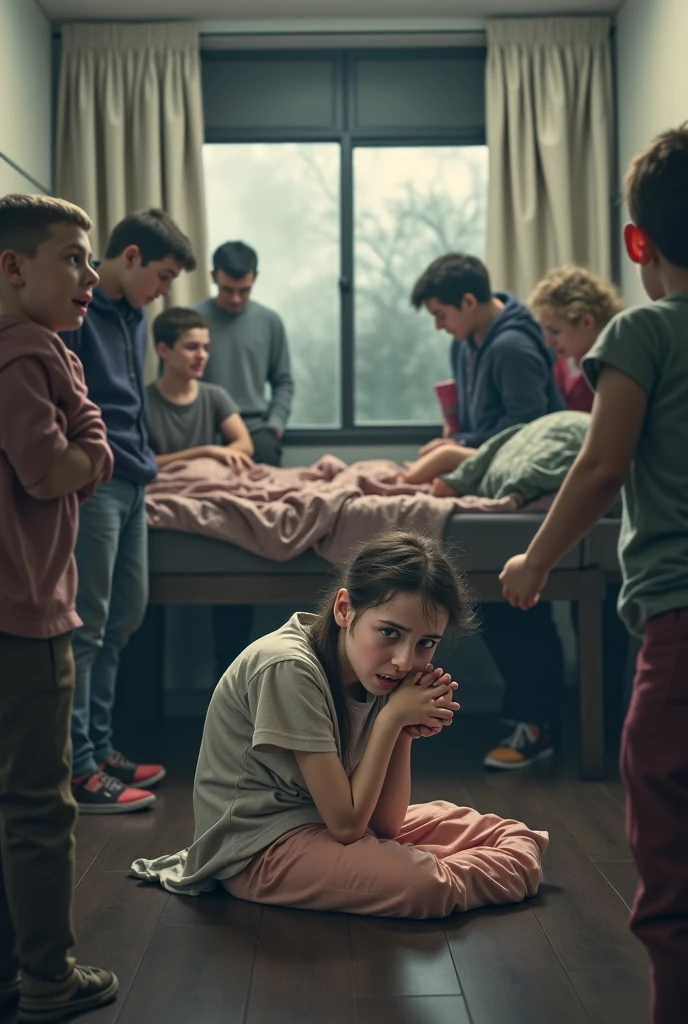 A girl sitting on her bed scared and disoriented - SeaArt AI