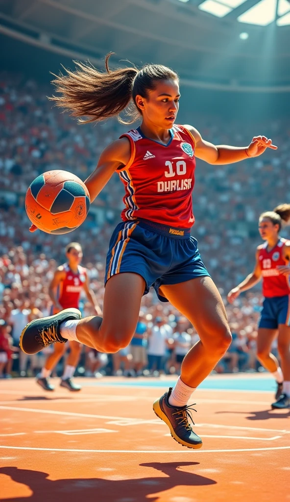 "A female handball player jumping to throw the ball with determination ...