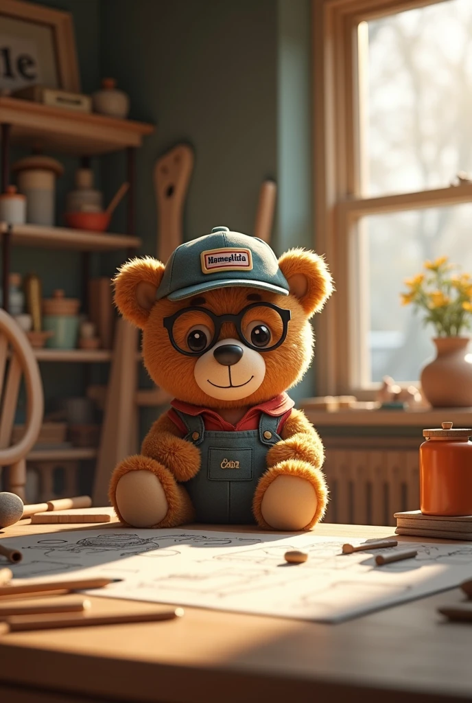 Create an image of a teddy bear working with planned furniture - SeaArt AI