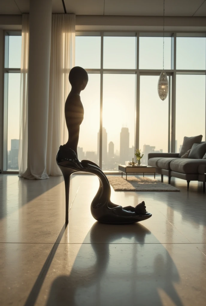A sleek, sunlit apartment with floor-to-ceiling windows casts soft ...