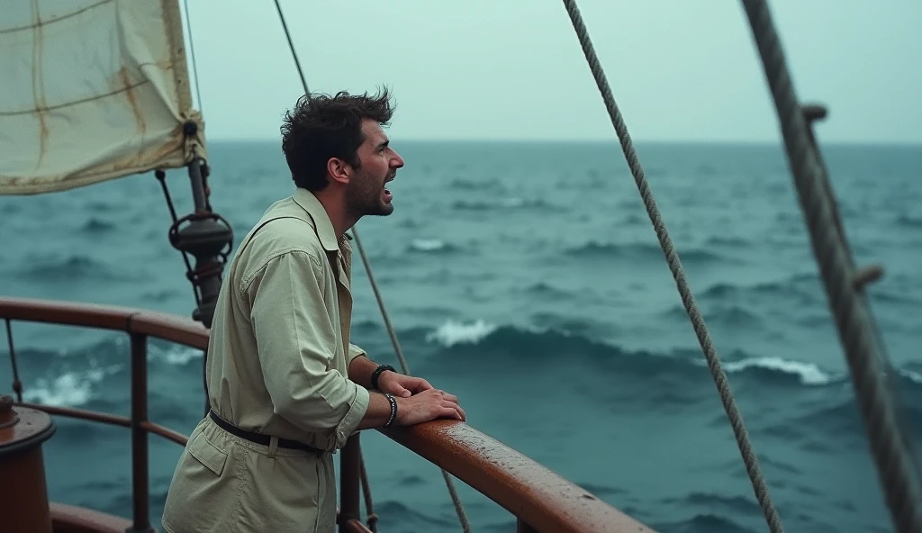 Prompt: A distressed sailor stands at the bow, shouting into the empty ...