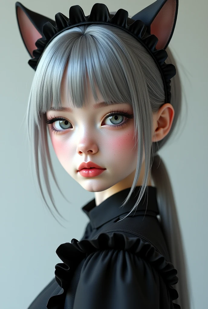 Ash gray two-pronged full bang bangs, Ash grey eyes, white skin - SeaArt AI