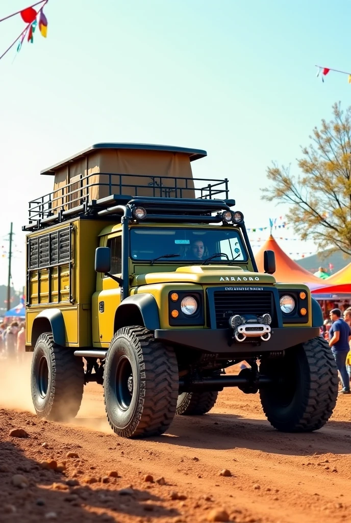 Off-road vehicle with cattle trailer and roof tent at a festival ...