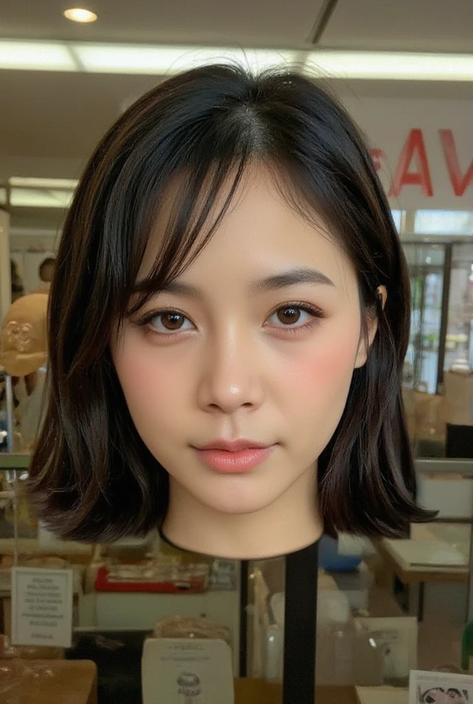 (( disembodied head hangs with a pleque on the store wall as an antique ...