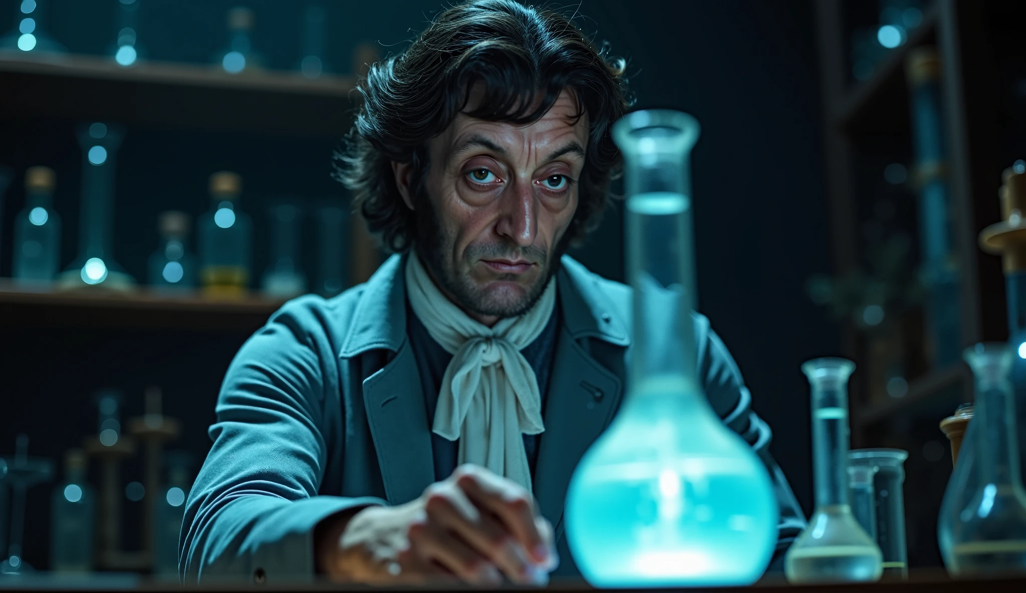 Arafed man in a lab coat looking at a blue liquid in a glass flask ...
