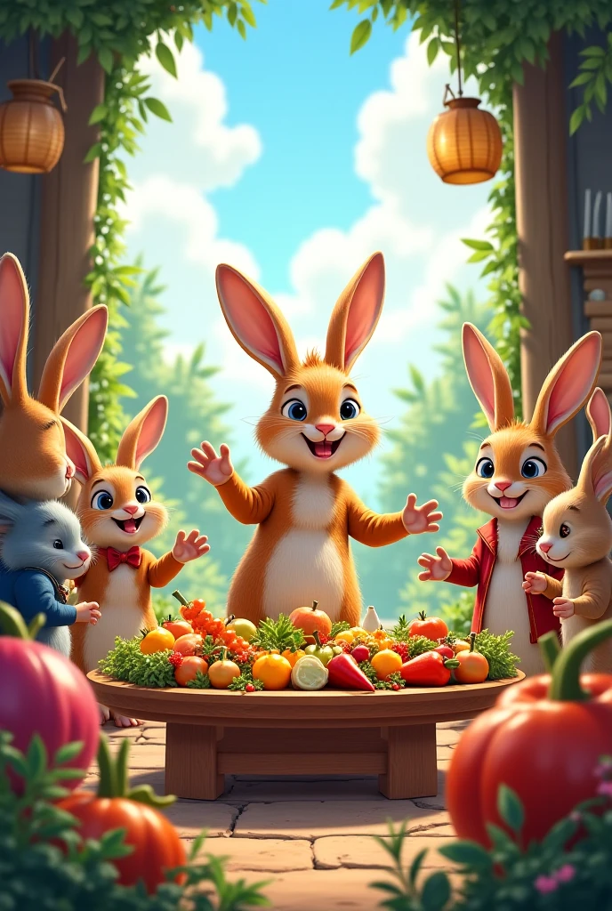 : A joyful scene of Benny inviting the rich rabbits to share a feast at ...