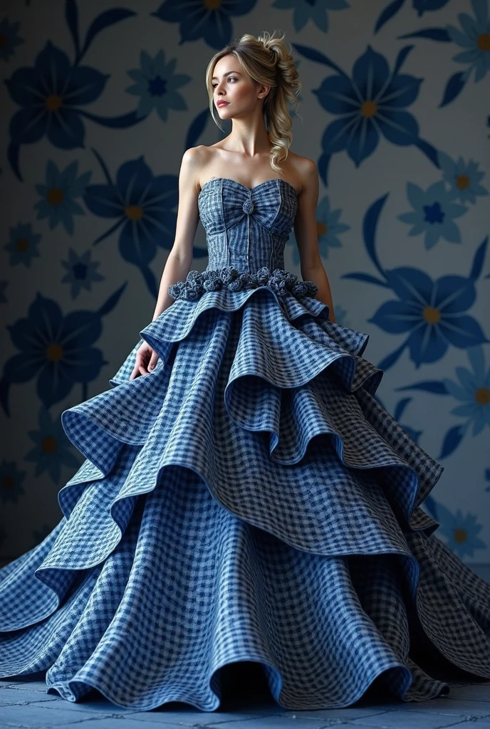 Houte couture!!! Woman wearing dress dark blue and white. Vichy style ...