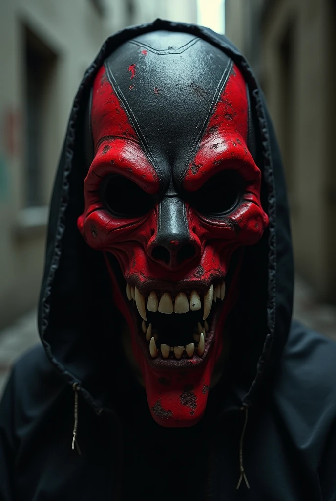 A black and red white mask with a mouth and sharp teeth - SeaArt AI