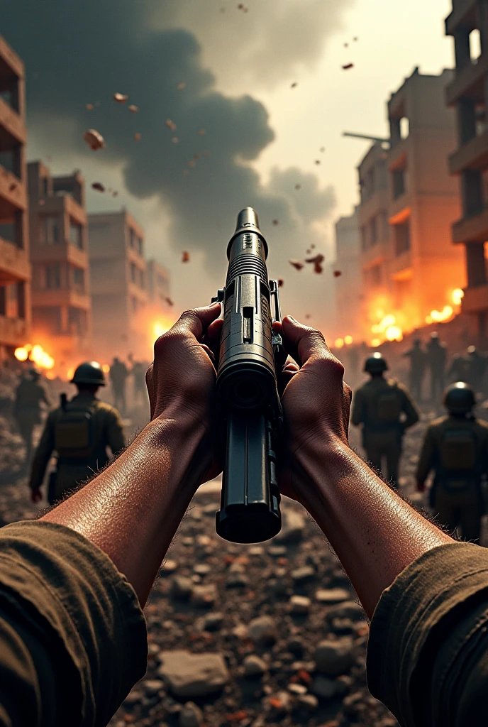 An intense and dramatic scene of war and chaos. in the center of the ...