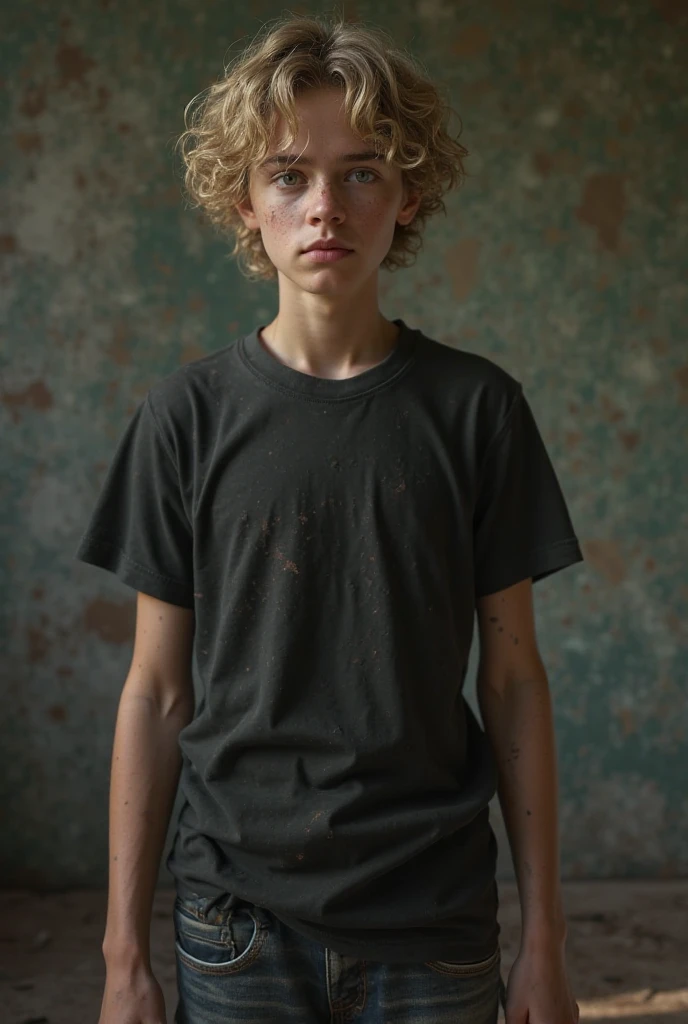 Boy in zombie apocalypse, dark blonde curly hair, slightly dirty ...