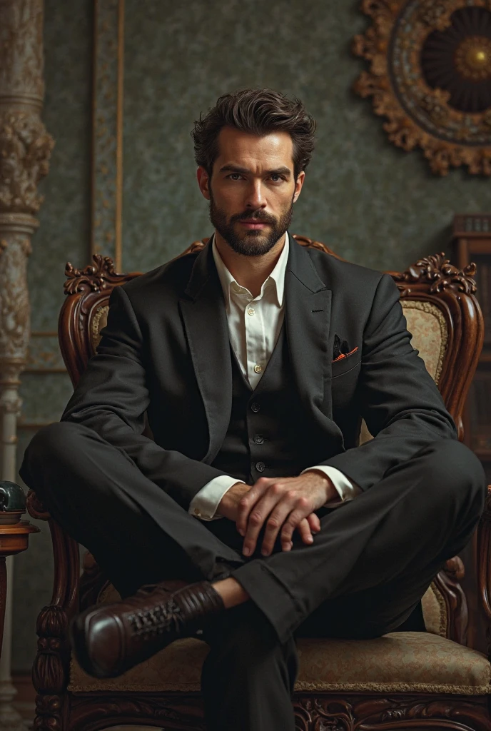 Create the image of a cultured and elegant man sitting on a bench cross ...