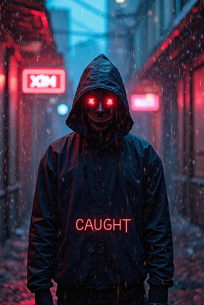 "A masked figure with glowing red eyes, standing alone in a neon ...
