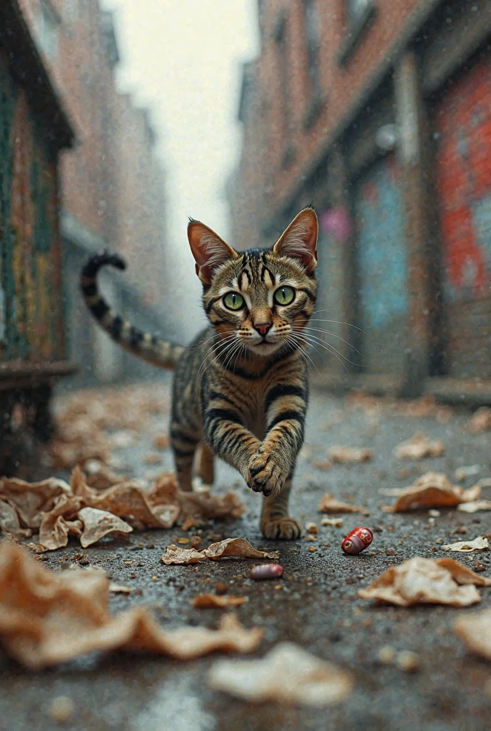 A cat throwing garbage in the street - SeaArt AI