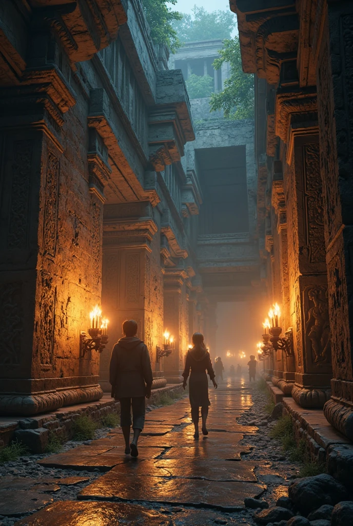 "First-person view exploring an ancient temple, torches lighting the ...