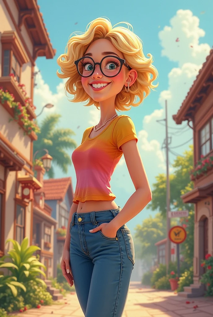 Can you create for me a Disney Pixar style cartoon of a tall woman with ...