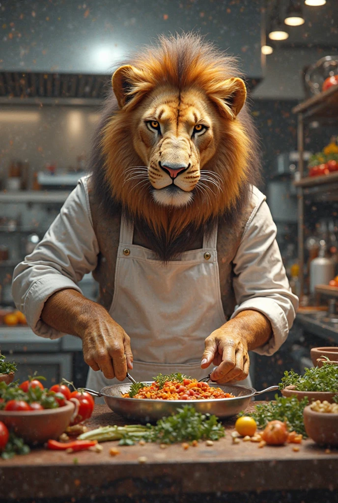 A picture of a lion wearing a apron and cooking food in the kitchen ...