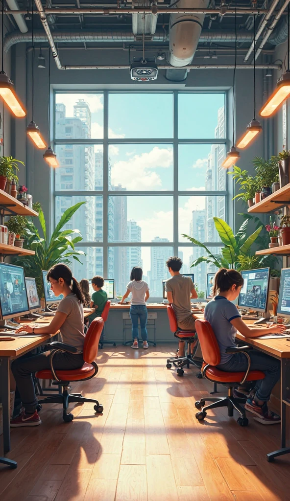 A vibrant and modern animation studio in China in 2019, filled with ...