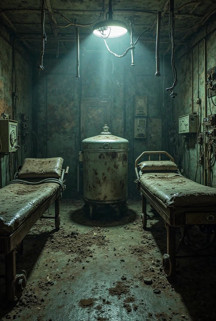 A room filled with old and rusty medical equipment, covered by thick ...