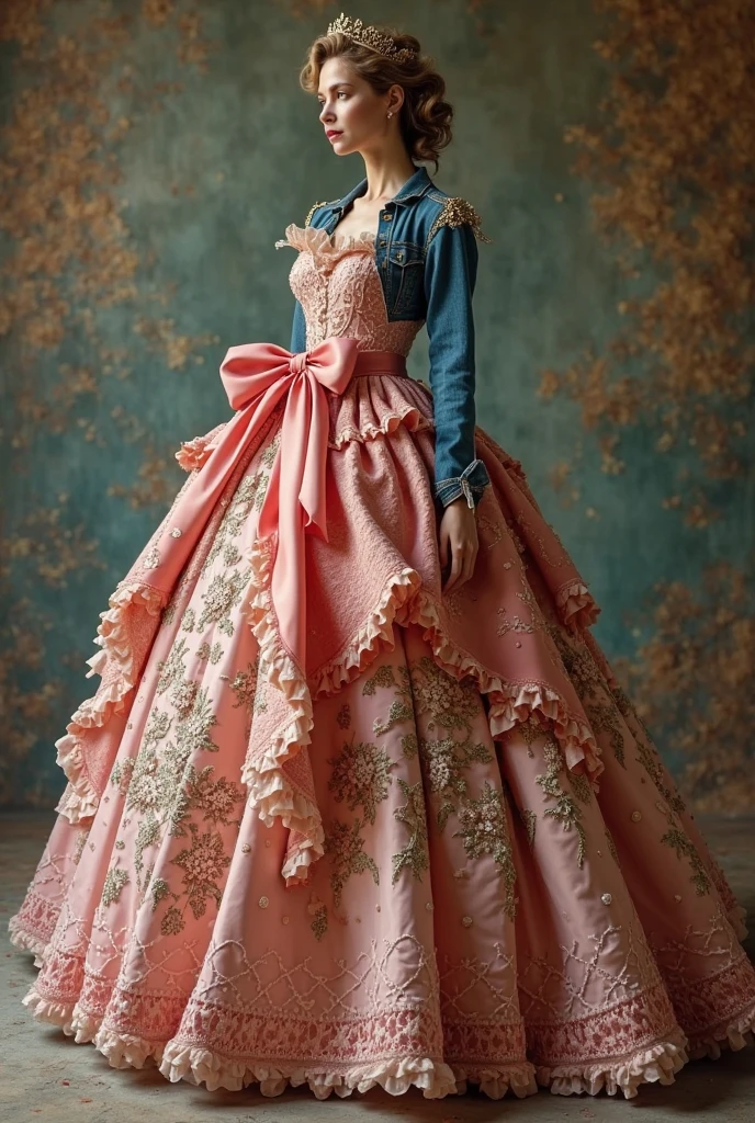 A very wide dress with a bow and a jeans jacket on it - SeaArt AI