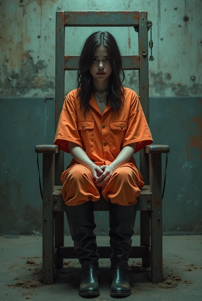 Female drug addict prisoner wearing orange prison jumpsuit and black ...