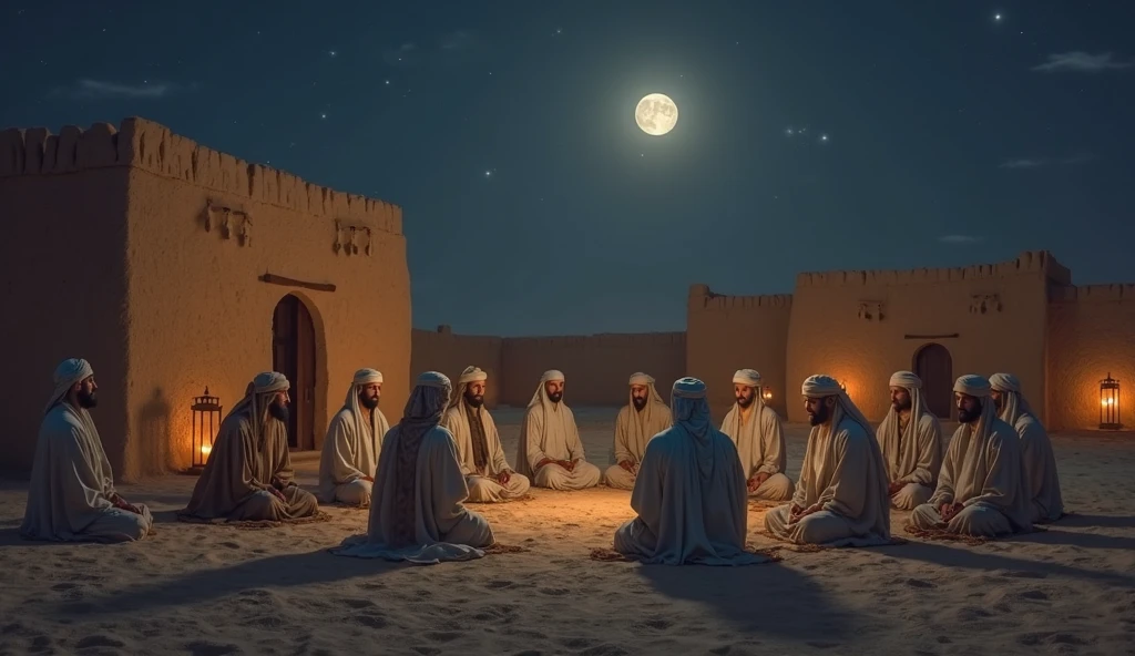 A tranquil nighttime scene from 1500 years ago in Madinah, where ...