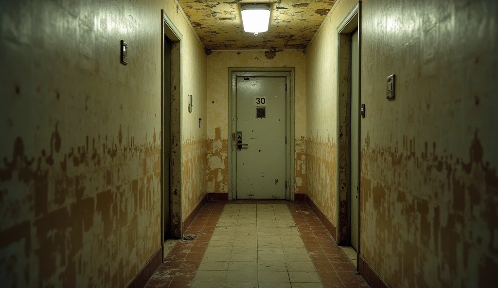 A worn-out apartment hallway with peeling wallpaper, flickering ...
