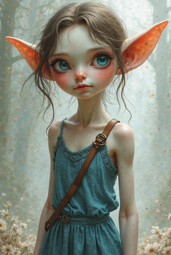 A skinny white character , high ,A single blue eye, hump, blue dress ...