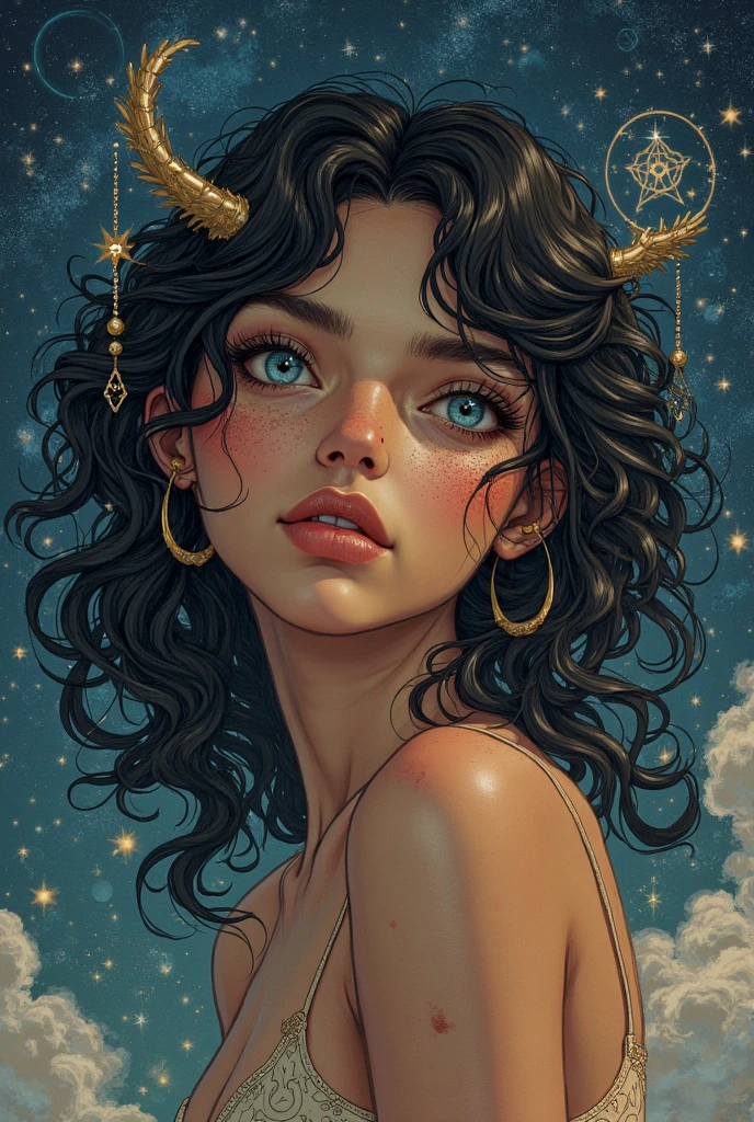 Man Androgynous masculine fantasy person with tan skin, long curly ...
