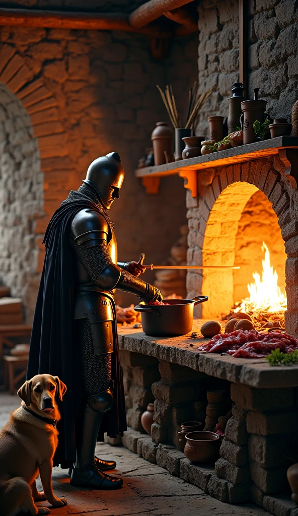 "A medieval knight in full armor stands in a rustic stone kitchen ...