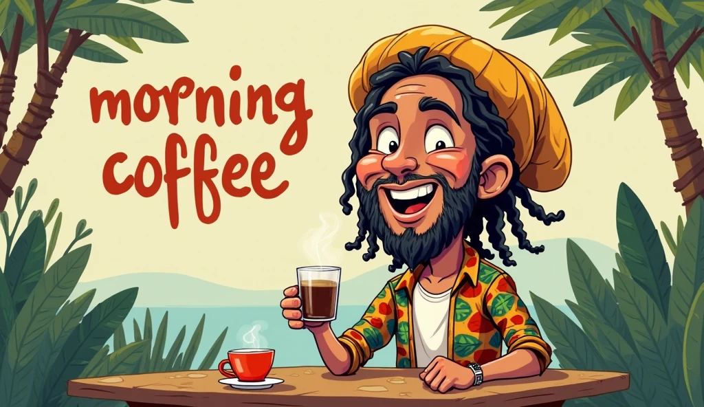 Karikatur Reggae man dringking coffe, big Head, morning vibe - SeaArt AI