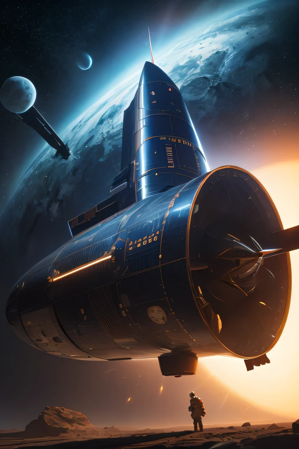 Spaceship flying over a planet with a man standing on the ground ...