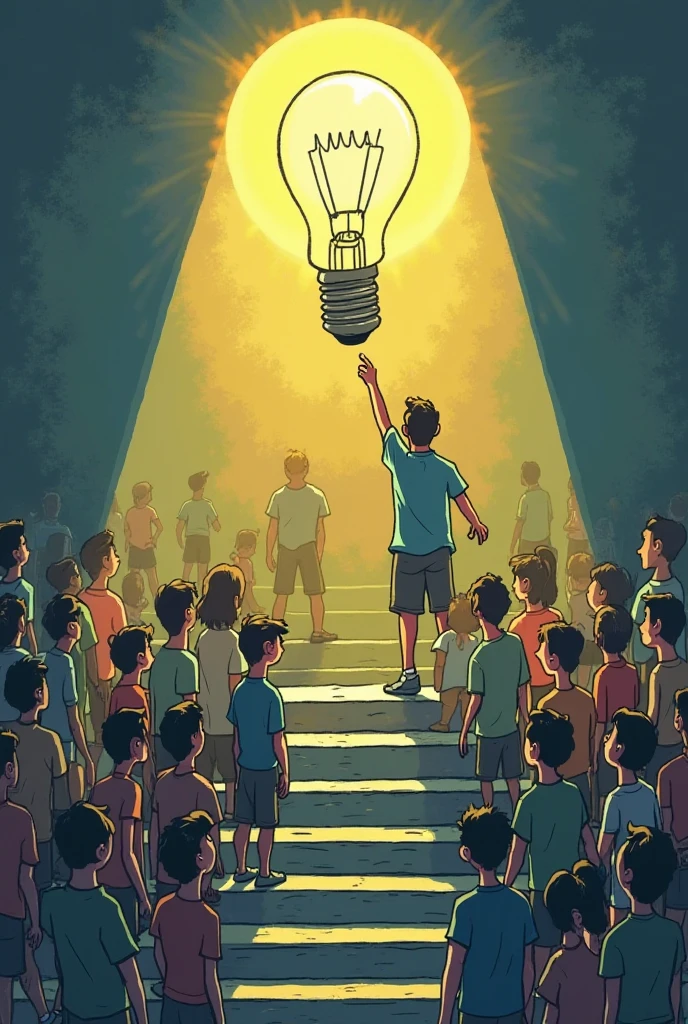 A cartoon where you see several people wanting to reach a light bulb ...