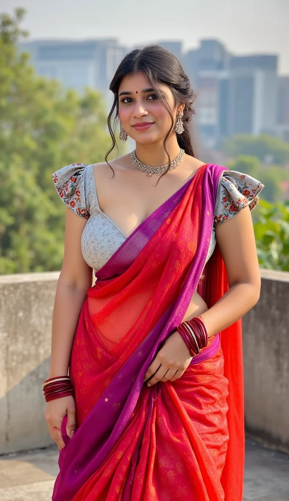 Cute, beautiful,woman, wearing a saree, huge breast, clevage - SeaArt AI