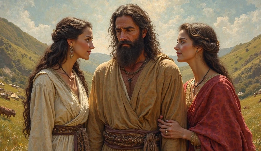 Paint an image of Jacob his wife Rachel and his wife Leia , Jacob is ...