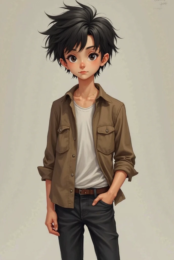 A pale tall lean boy, with black eyes and fluffy black hair, he wears a ...