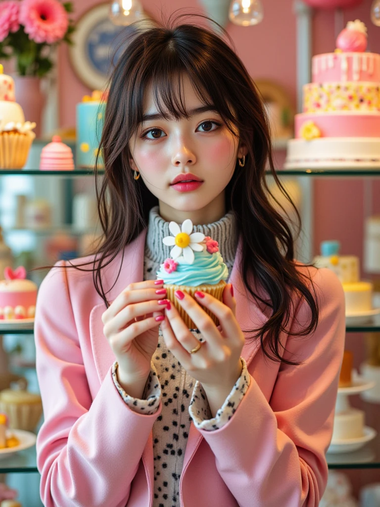 Realistic details, a Korean girl holding a cupcake, fashionably dressed ...