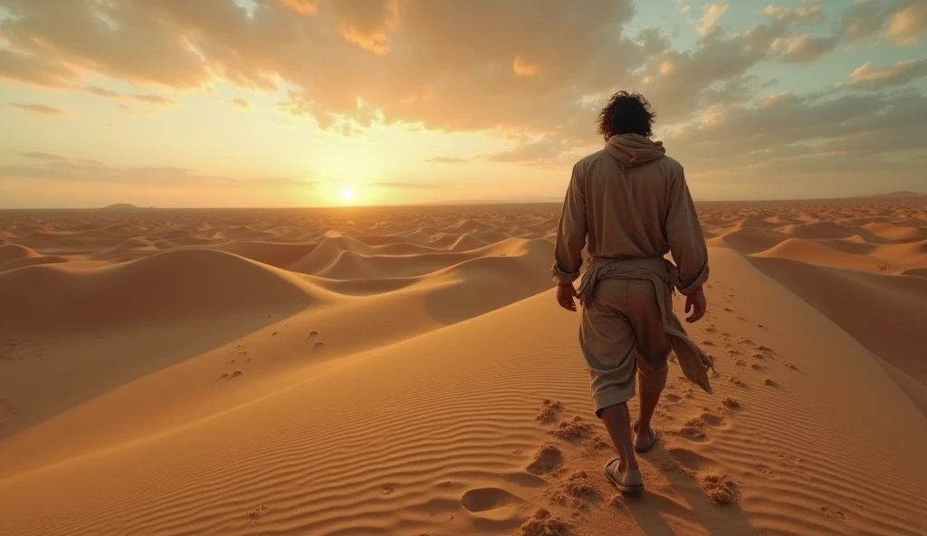 A rugged man, Barrabás, walking alone through an arid desert - SeaArt AI