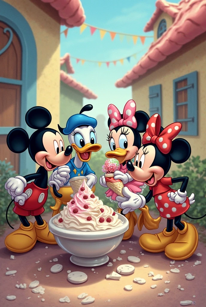 Characters from the Mickey Mouse house eating ice cream - SeaArt AI