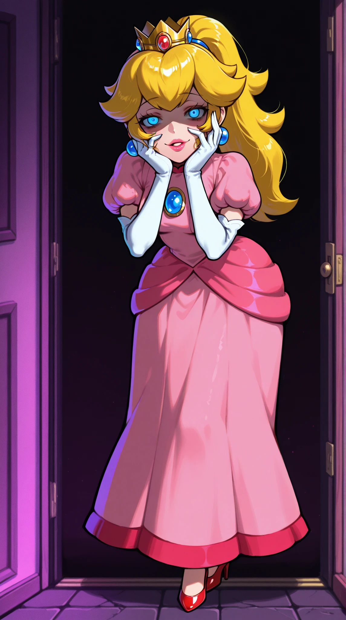 , princess peach, 1girl, elbow gloves, blue eyes, long hair, short ...