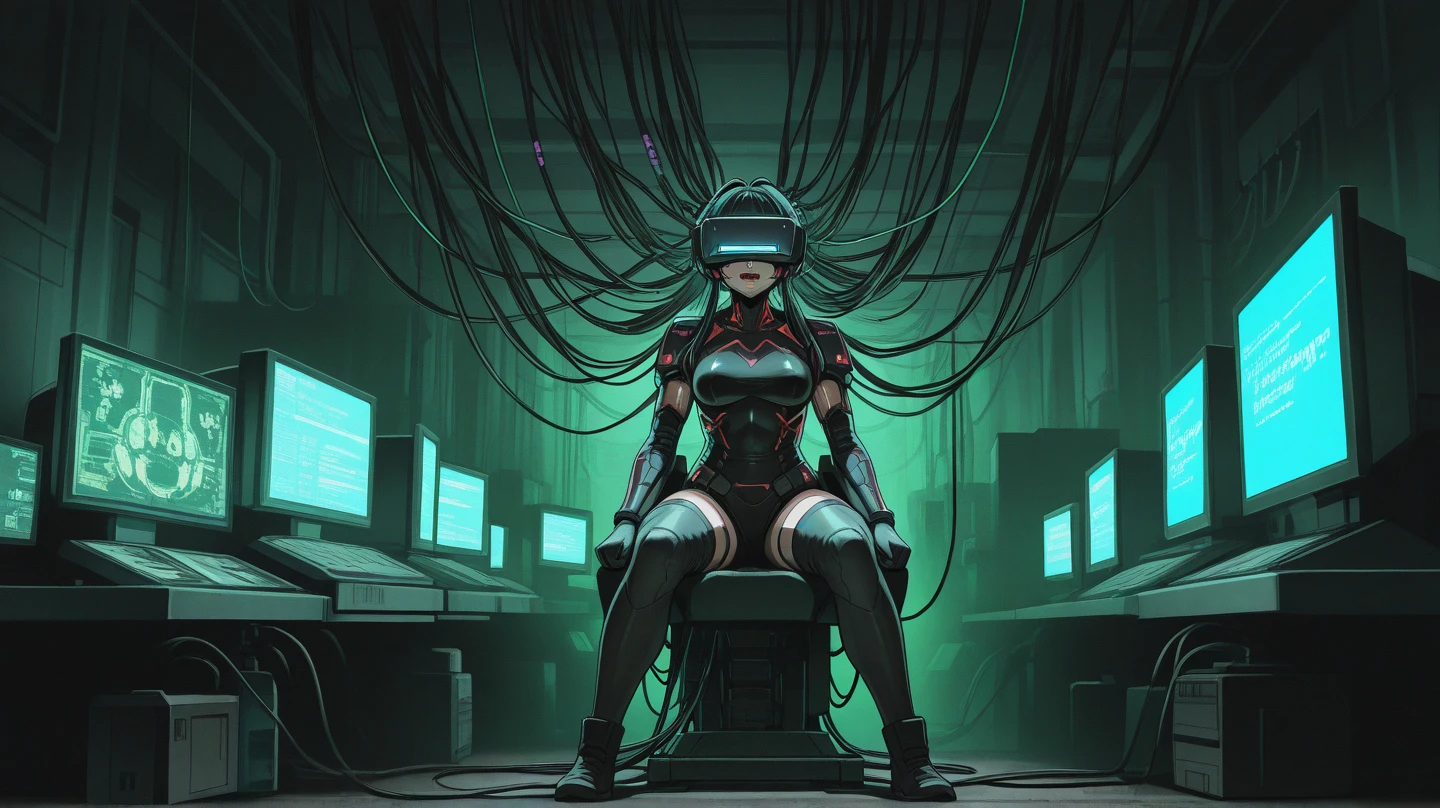 Cyberpunk war machine woman using vr machine connected by the head to ...