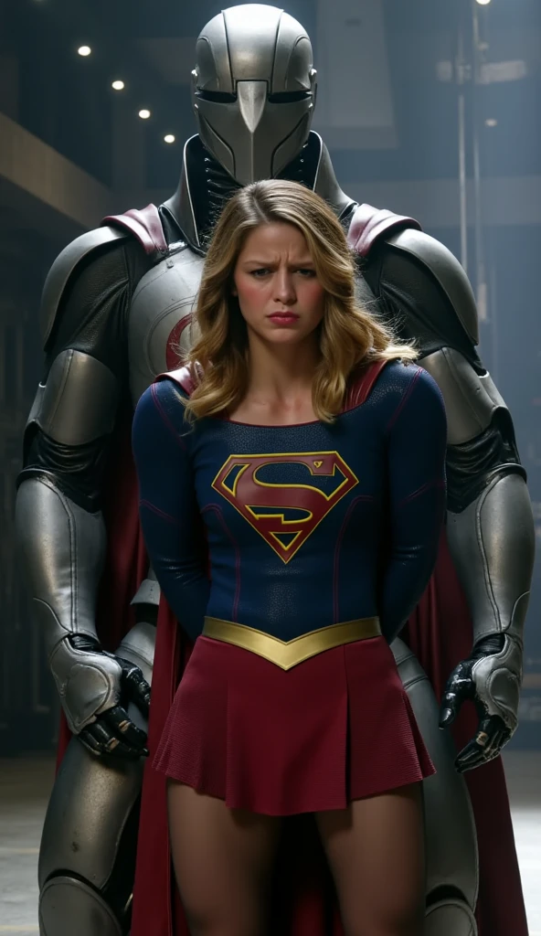 Melissa Benoist as Supergirl, (a very short skirt), both arms behind ...