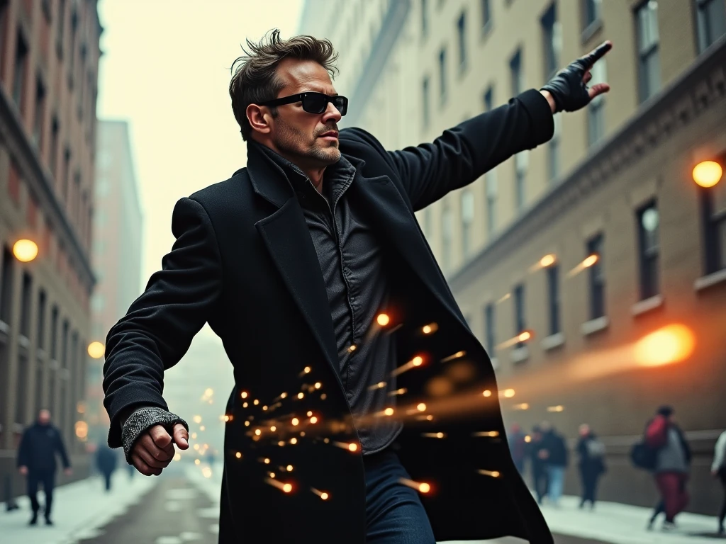A man in overcoat and sunglasses dodging bullets by bending his body ...