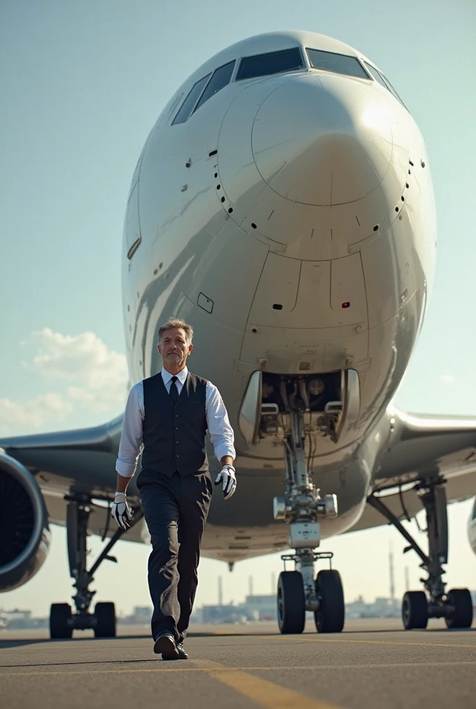 Create a slightly older commercial pilot walking around a plane to ...