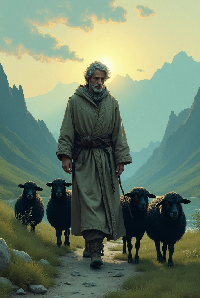 Hermit walking with 4 black sheep .art cetus-mix flyers illustration ...