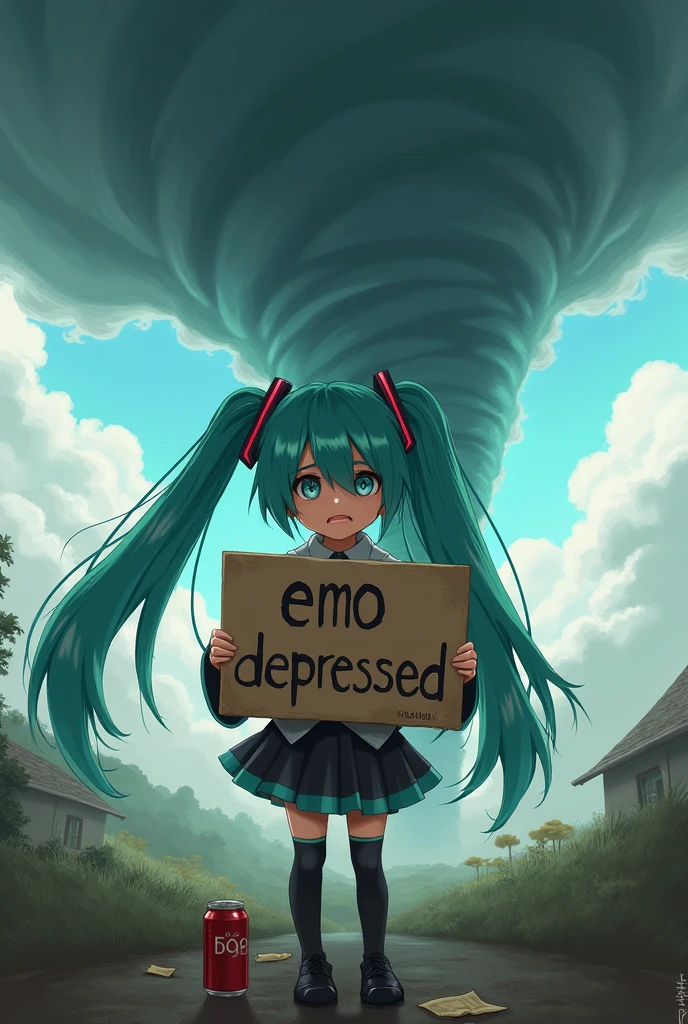 Hatsune Miku holding a sign that says “emo depressed” while she - SeaArt AI