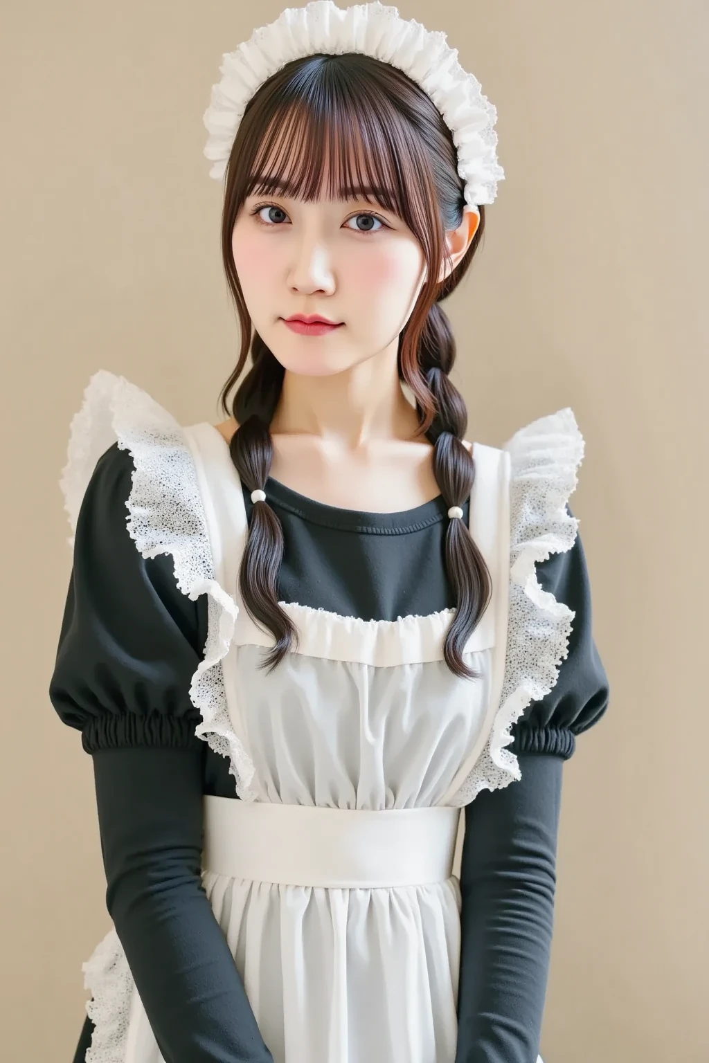 A woman wearing a classic maid outfit, featuring a black dress with a ...