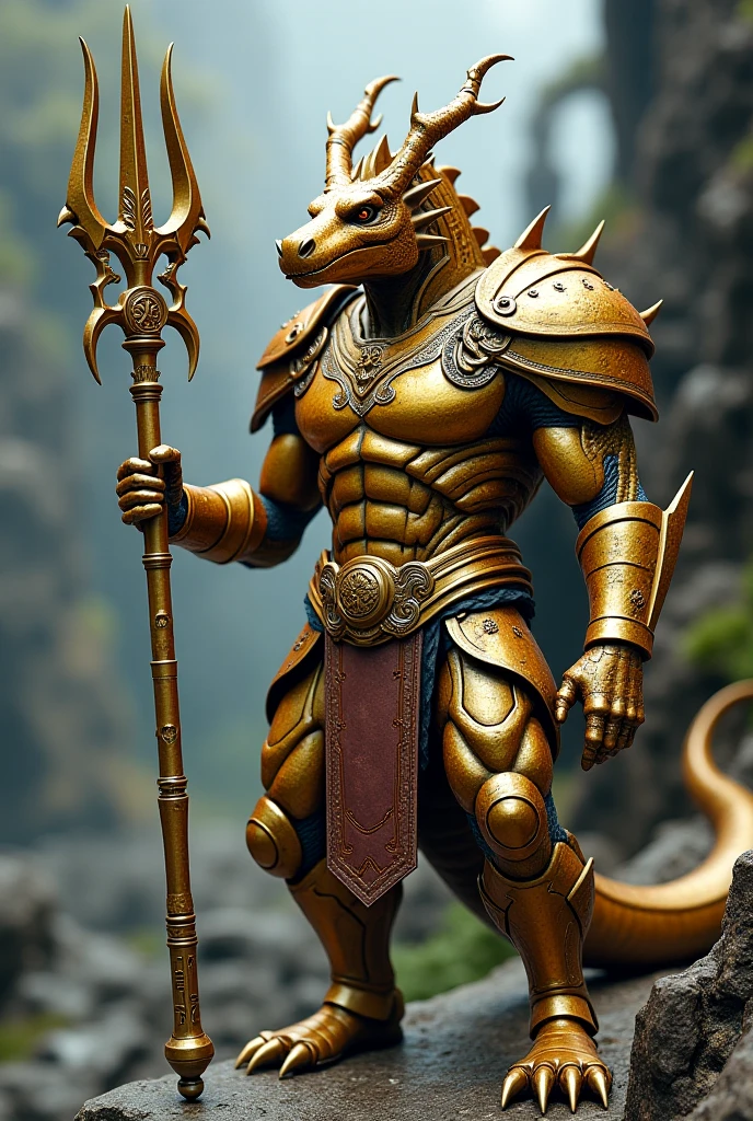 Brass Dragonborn fighter with a trident - SeaArt AI