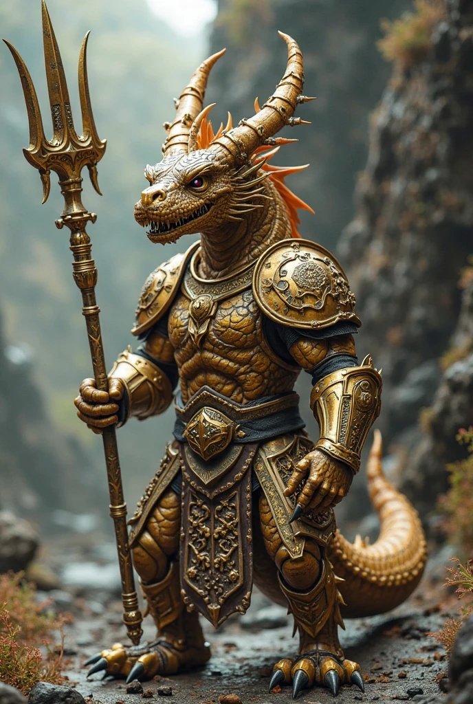 Brass Dragonborn fighter with a trident - SeaArt AI